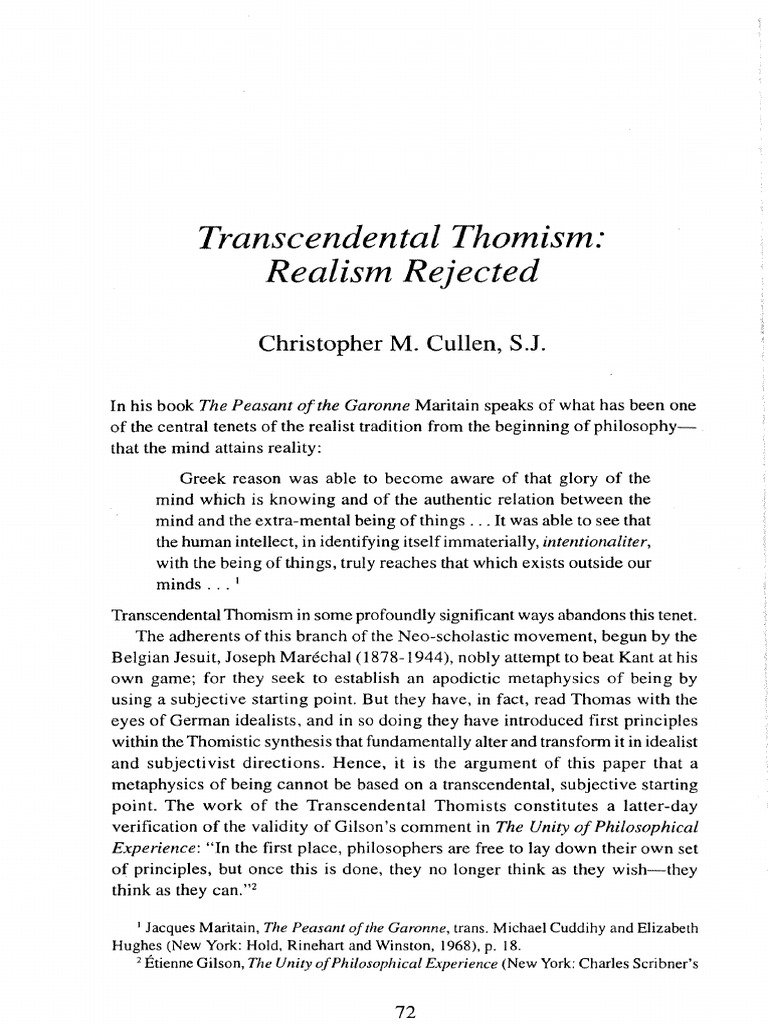 CULLEN Transcendental Thomism_Realism Rejected | PDF | Thomism | Nous