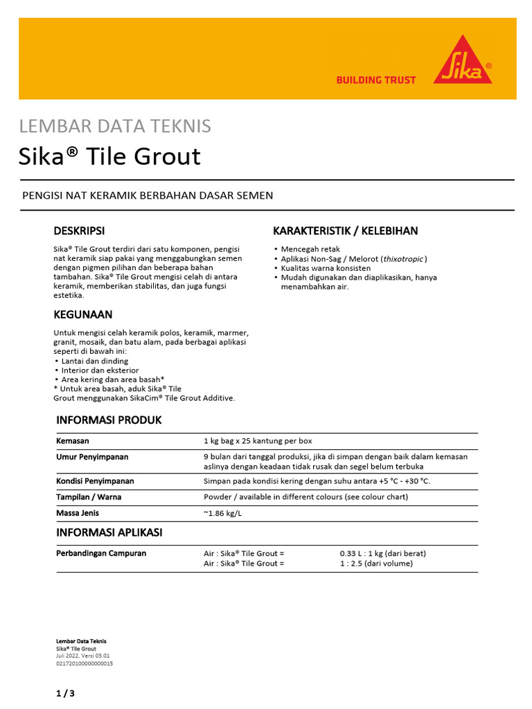 Sika Tile Grout: Pengisi Nat Keramik | PDF