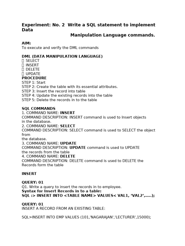 exp 2 DML | PDF | Sql | Data Model