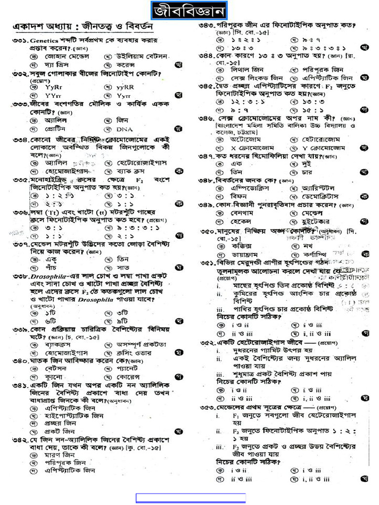 Genetics and Evolution HSC Biology 2nd MCQ Question With Answer | PDF