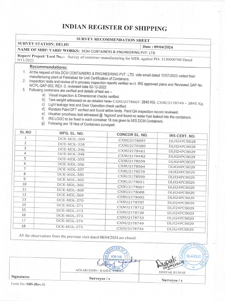 IRS - Visit Report of 18 Containers Approval DCM | PDF