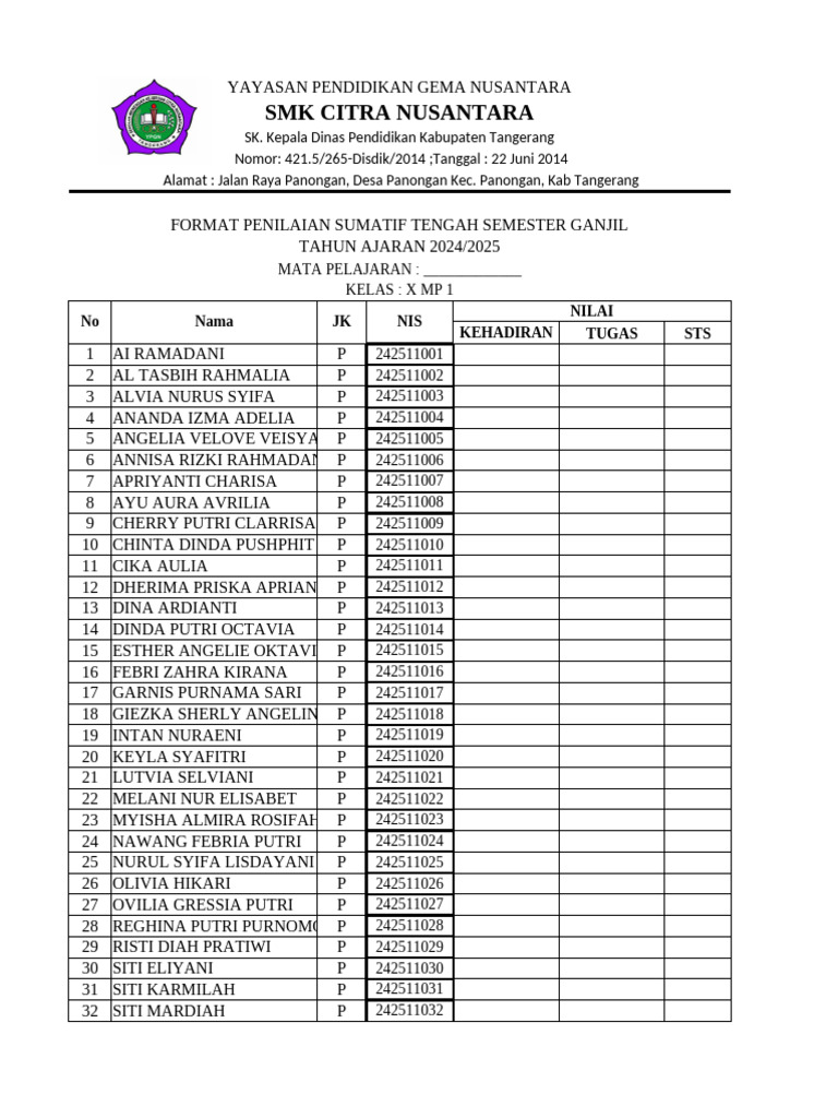 Format Nilai Sts 10 | PDF