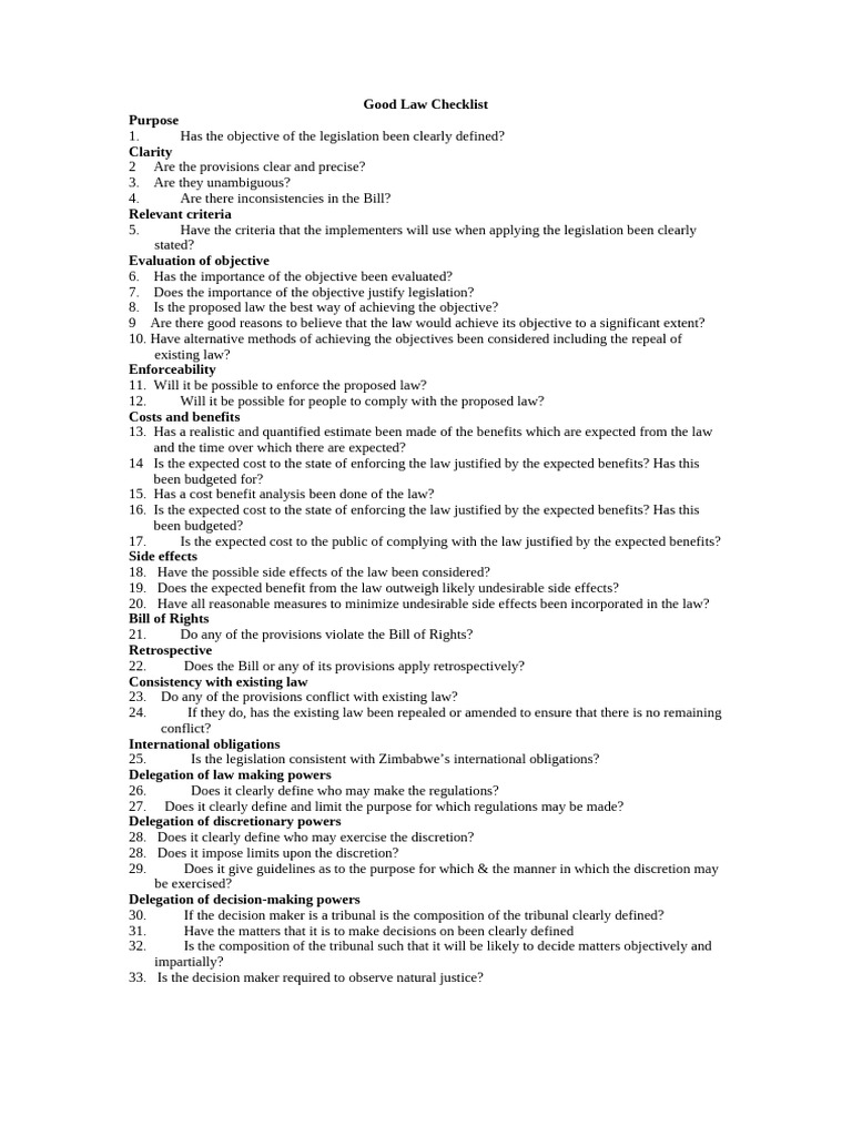 Essential Checklist for Good Law Evaluation | PDF | Cost–Benefit ...