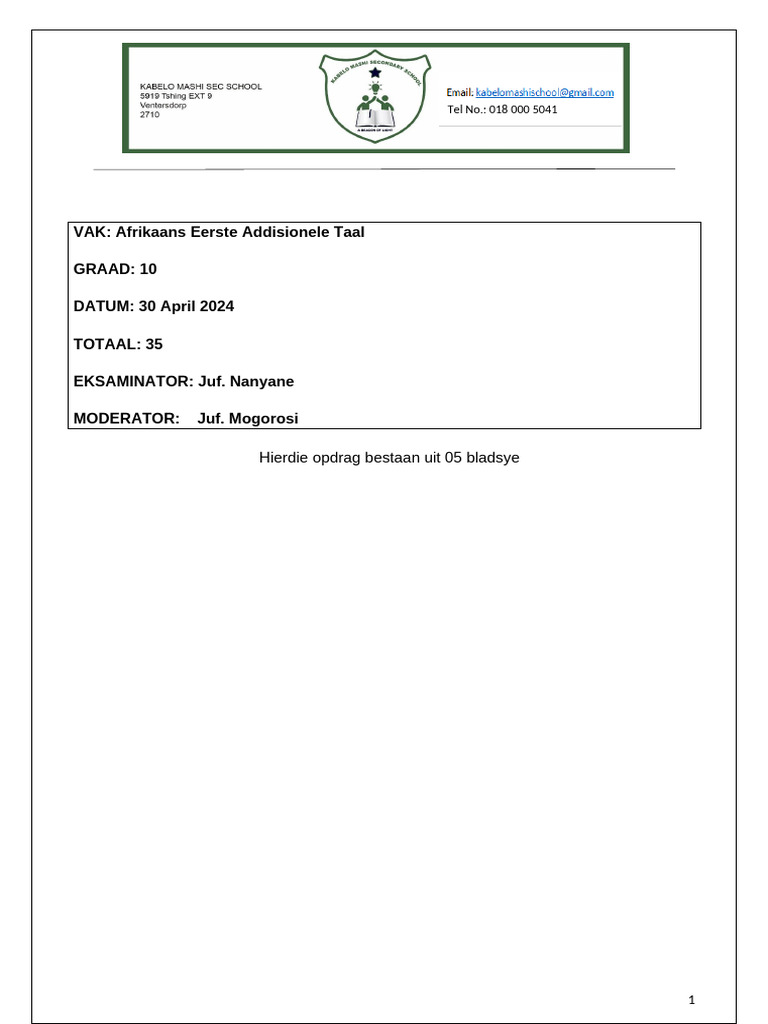 Graad 10 Opdrag Kwartaal1 | PDF