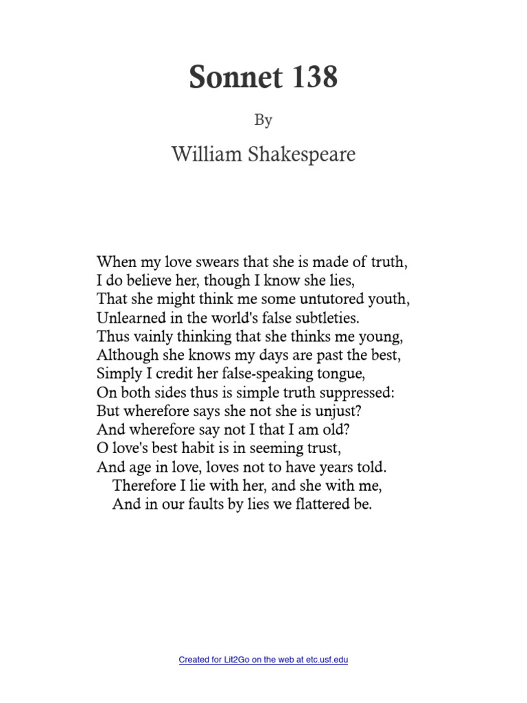 Shakespeare's Sonnet 138 Analysis | PDF
