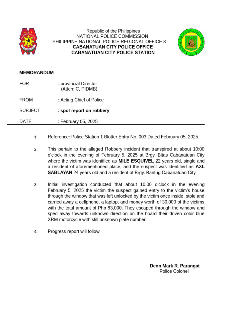 Cabanatuan City Robbery Report - Feb 2025 | PDF