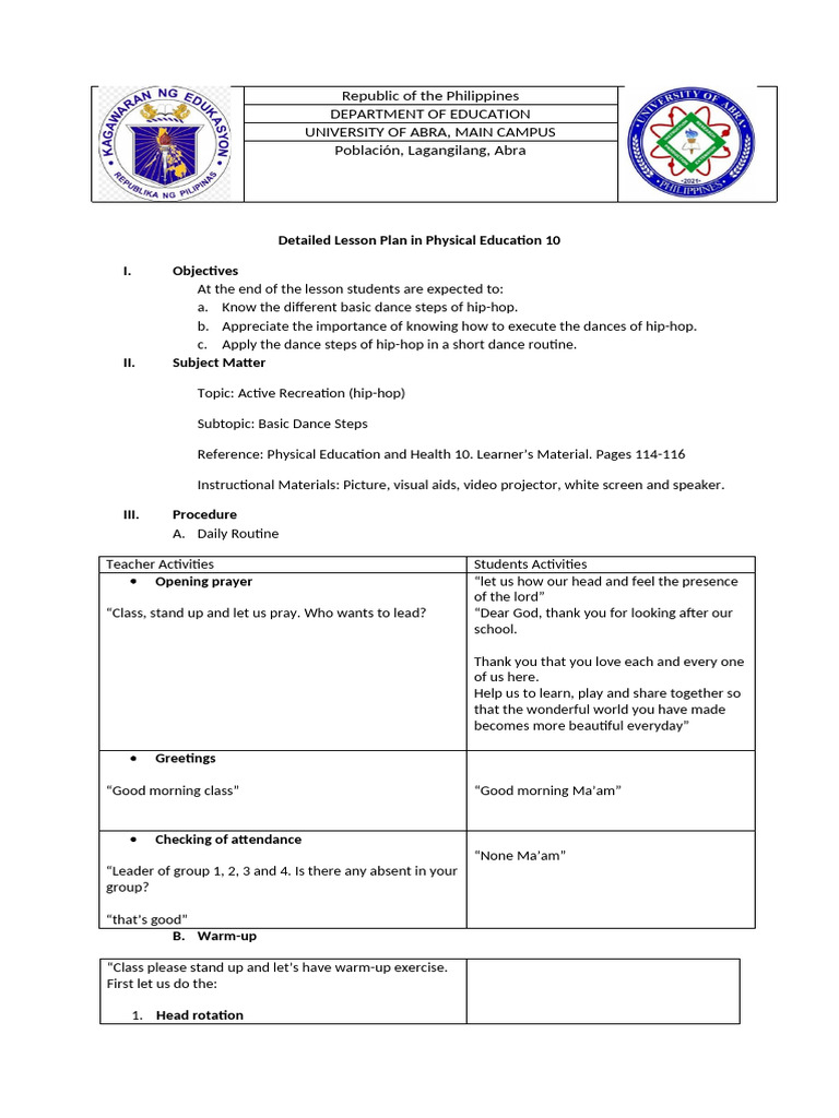 Hip-Hop Dance Lesson Plan for PE 10 | PDF | Music Of The African ...