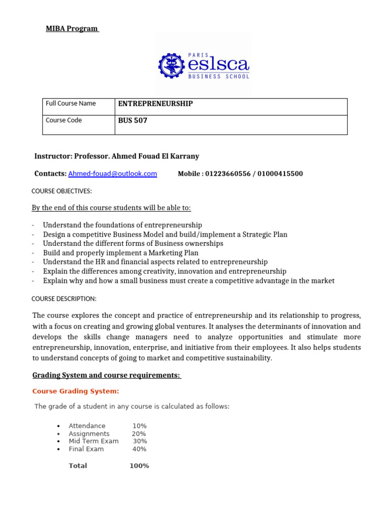 Entrepreneurship Outline Professor - Ahmed Fouad El Karrany - 2017 | PDF | Entrepreneurship ...