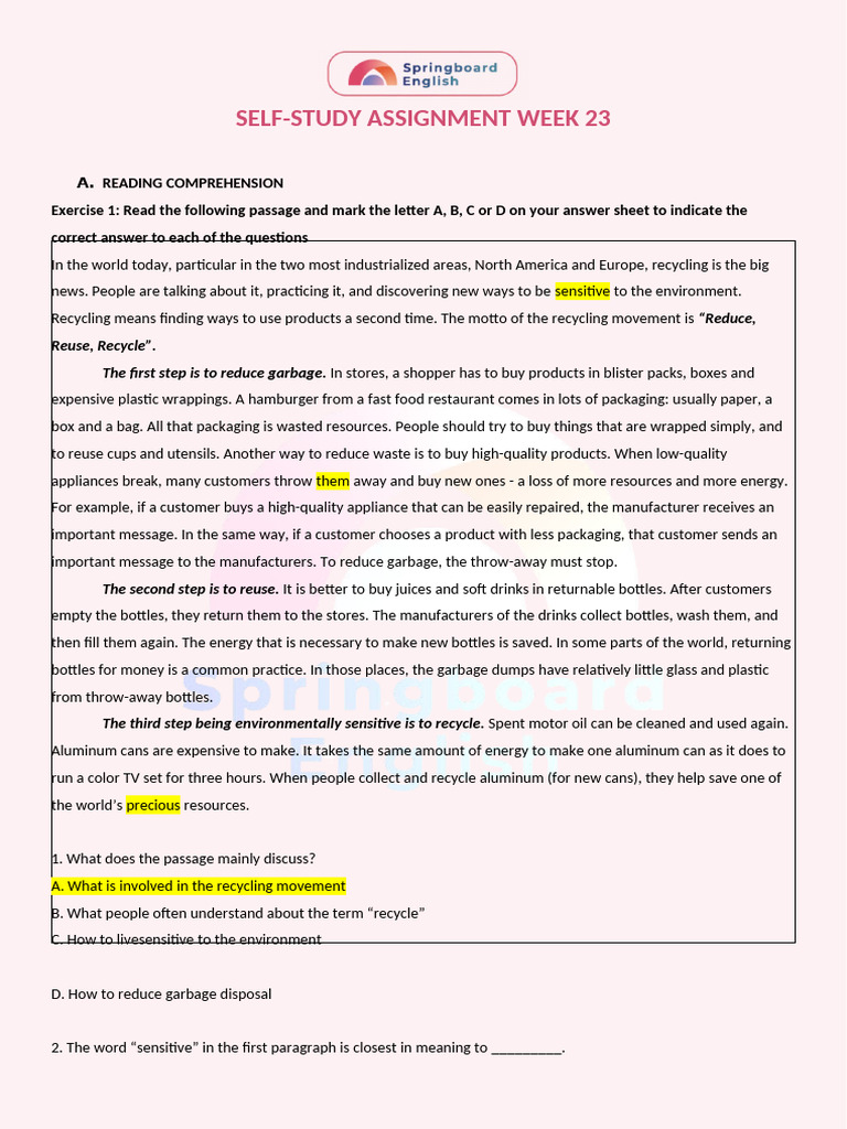 (Ca26-01) Self-Study Assignment Week 23 | PDF | Recycling | Reuse
