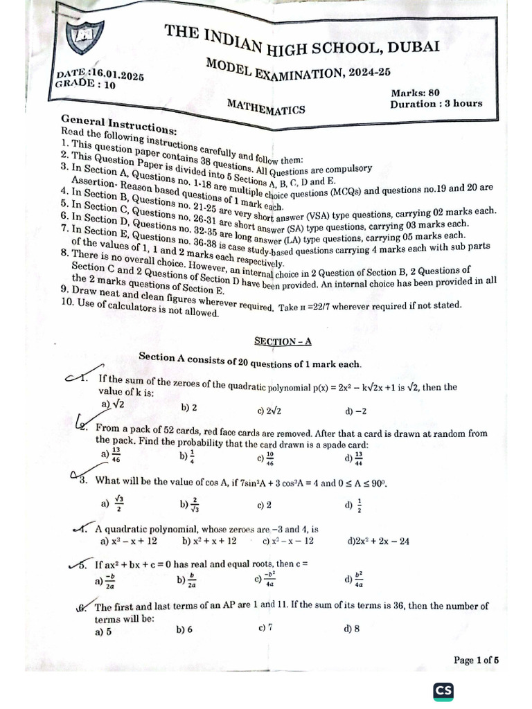 IHS Maths Model Paper 2024-2025 | PDF