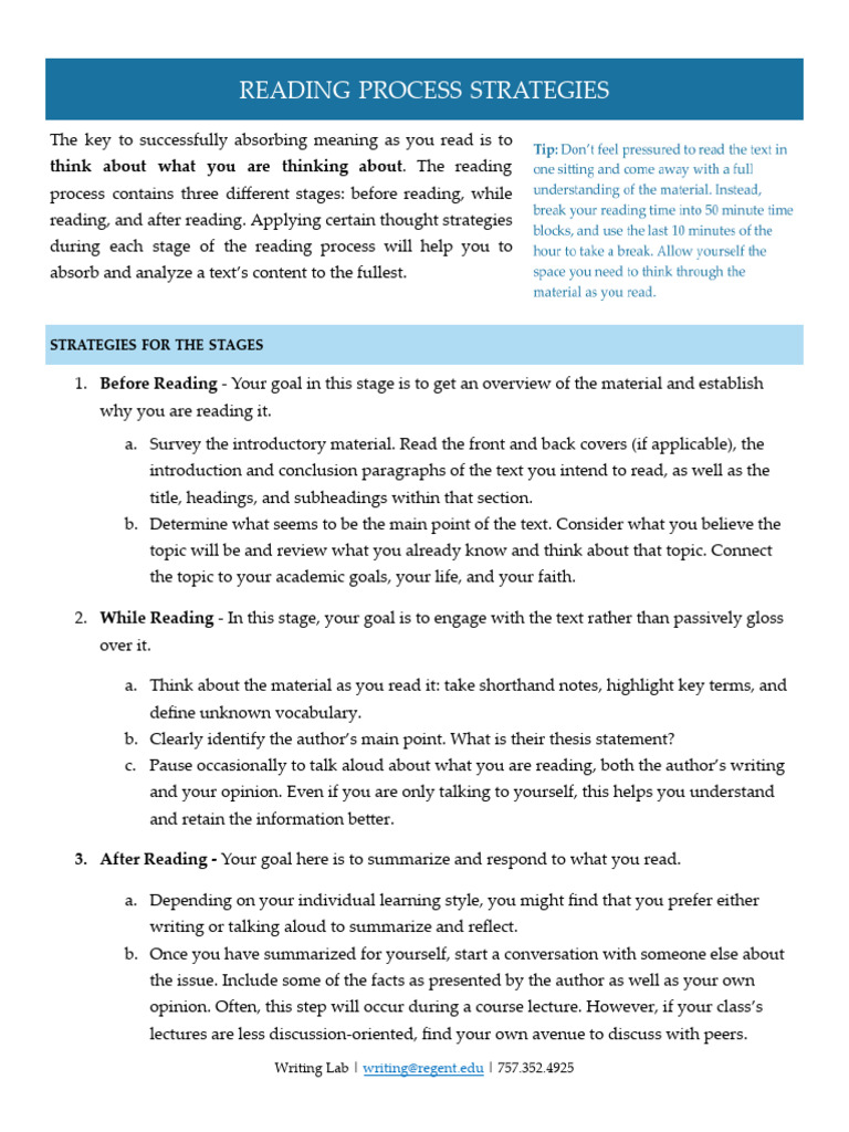 Regent Writing Lab Reading Process Strategies | PDF | Reading ...