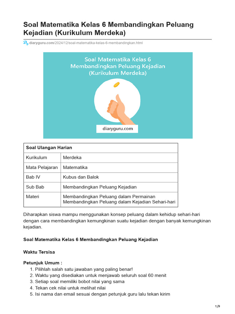 Soal Matematika Kelas 6 Membandingkan Peluang Kejadian Kurikulum ...