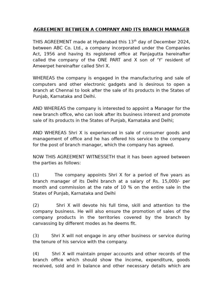 Branch Manager Appointment Agreement | PDF