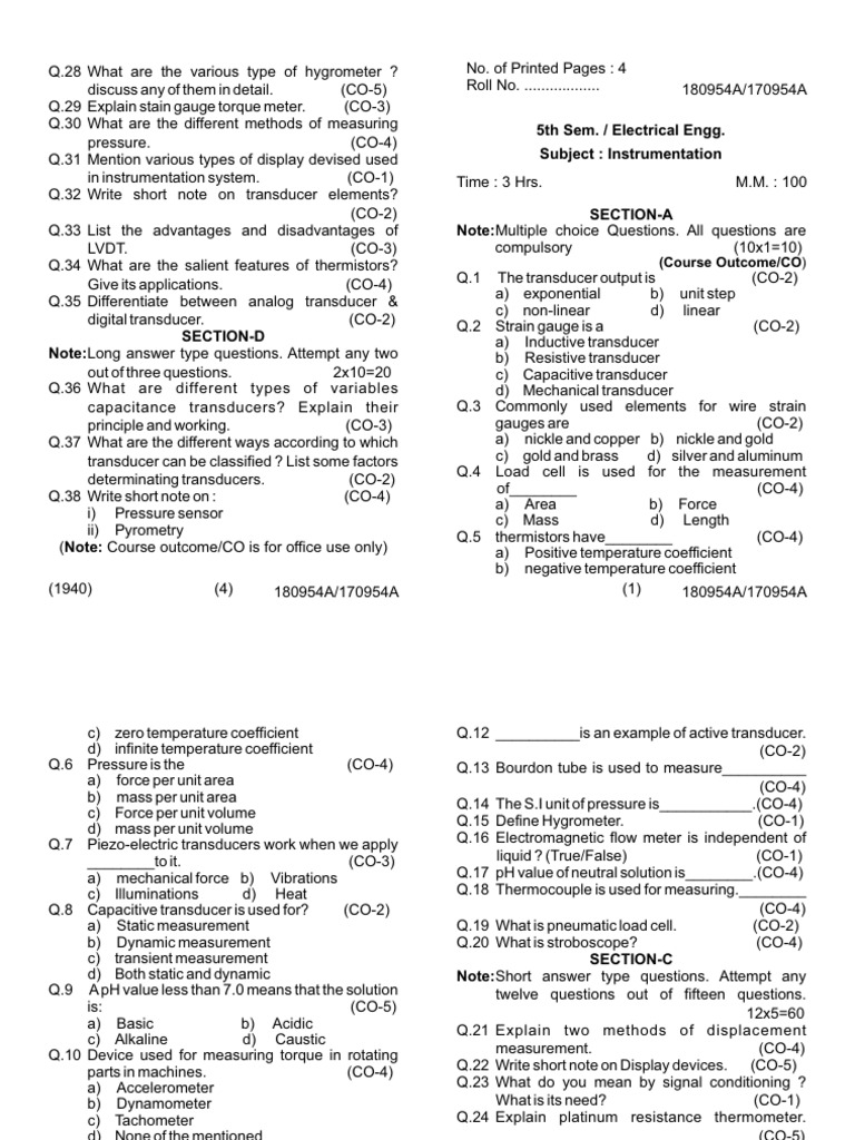 Elect 5 Sem Nstrumentation 180954a 2022 | PDF | Pressure Measurement | Force