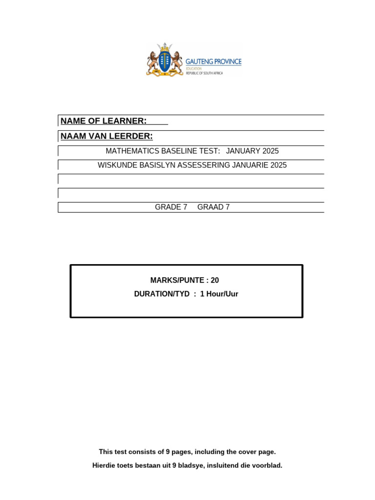 Mathematics Baseline Test 2025 Grade 7 This One | PDF | Elementary ...