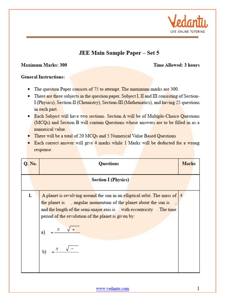 JEE Main 2025 Sample Question Paper-5 With Answer Keys - Free PDF | PDF | Amine | Wavelength