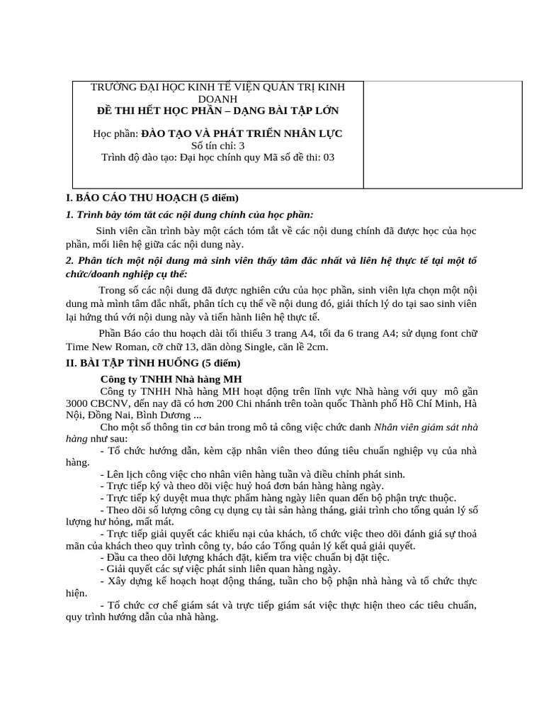 Đề thi ĐÀO TẠO VÀ PTNL | PDF