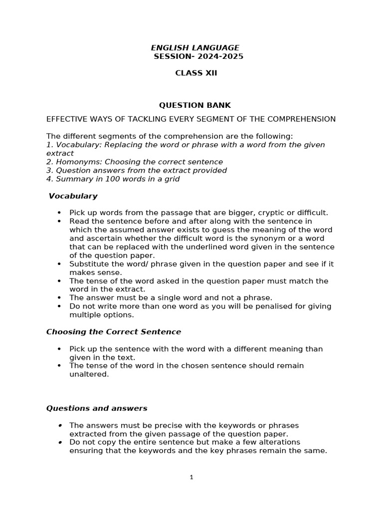 Question Bank 12 English Language Comprehension | PDF | Question | Word