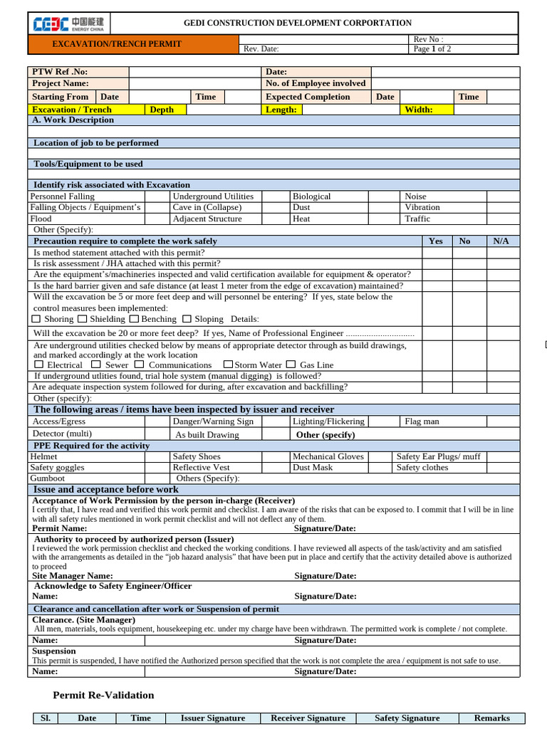 Excavation Permit Form | PDF | Trench | Safety