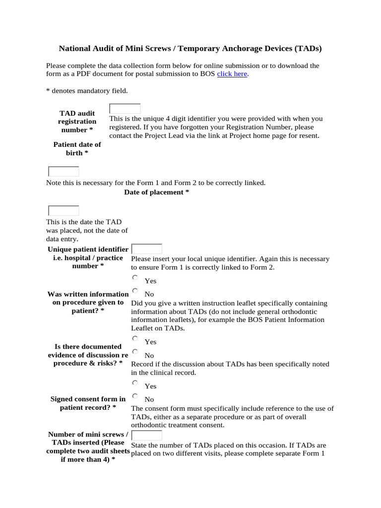 TAD Audit Data Collection Form | PDF | Orthodontics | Clinical Medicine