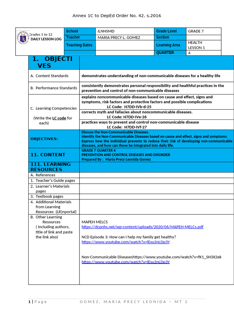 Grade 7 Health Lesson on NCDs | PDF | Cardiovascular Diseases | Diabetes