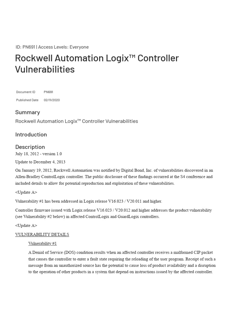 Rockwell Automation Logix™ Controller Vulnerabilities | PDF | Security | Computer Security