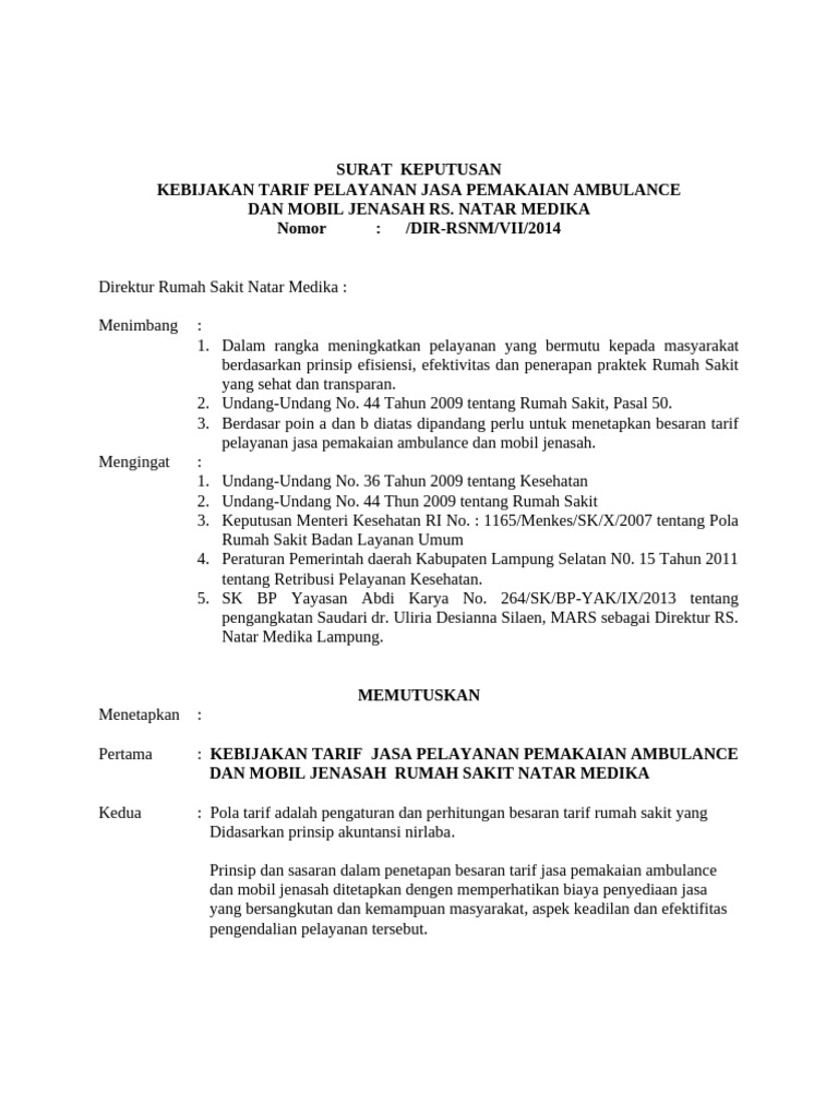 Kebijakan Tarif Ambulance RS Natar Medika | PDF