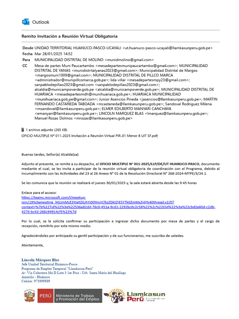 Correo y Oficio Multiple Nº 011-2025 Invitación a Reunión Virtual Pir-01 Menor 8 Uit Sf (1) | PDF