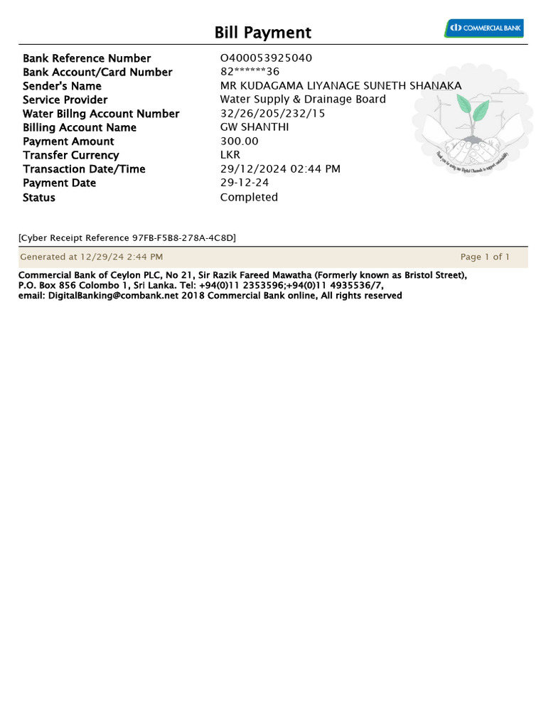 Water Bill Payment Receipt - LKR 300.00 | PDF