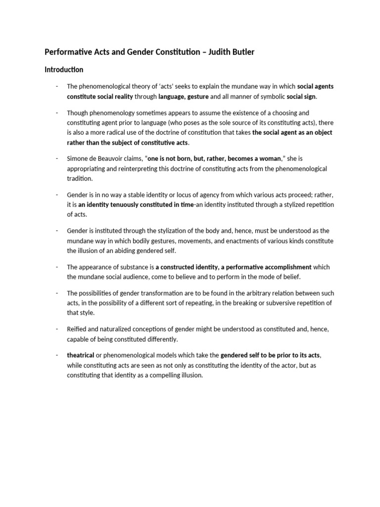 Performative Acts and Gender Theory - Notes | PDF | Gender | Gender Studies