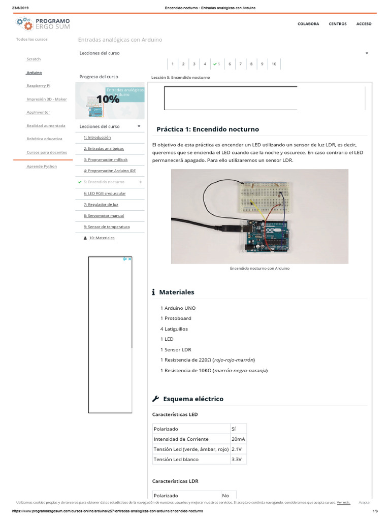 Encendido nocturno - Entradas analógicas con Arduino | PDF | Diodo emisor de luz | Arduino