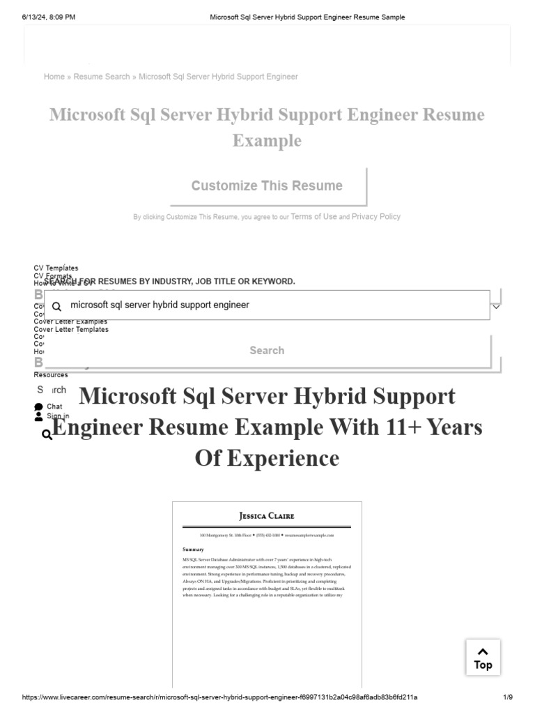 Microsoft Sql Server Hybrid Support Engineer Resume Sample | PDF | Databases | Microsoft Sql Server