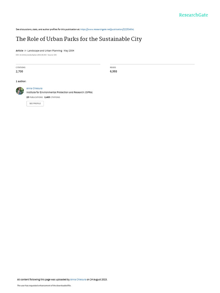 The Role of Urban Parks For The Sustainable City | PDF | Sustainable City | Sustainability