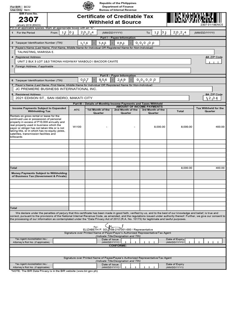 2307 - 12 2024 Marissa Talingting | PDF | Payments | Taxes