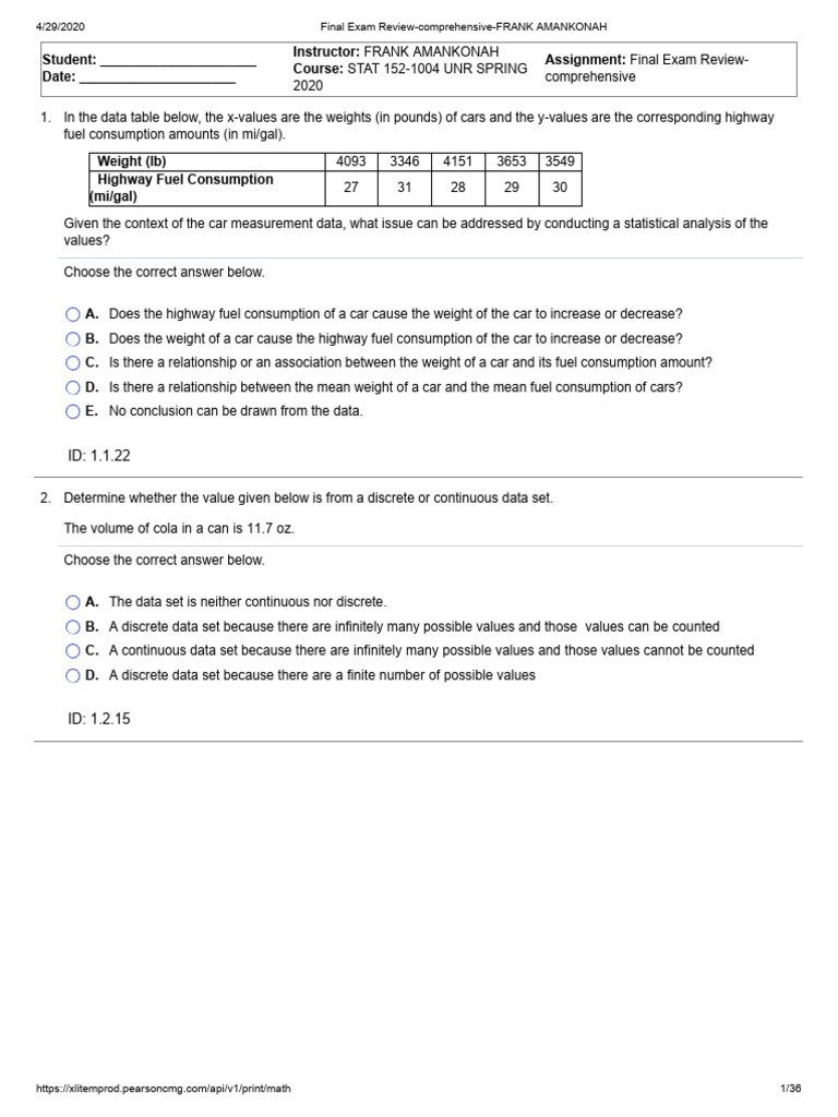 Final Exam Review-comprehensive-FRANK AMANKONAH | PDF | P Value | Probability Distribution