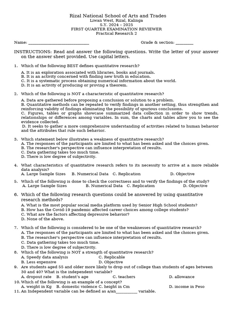 PR2 First Quarter Exam Reviewer | PDF | Quantitative Research ...