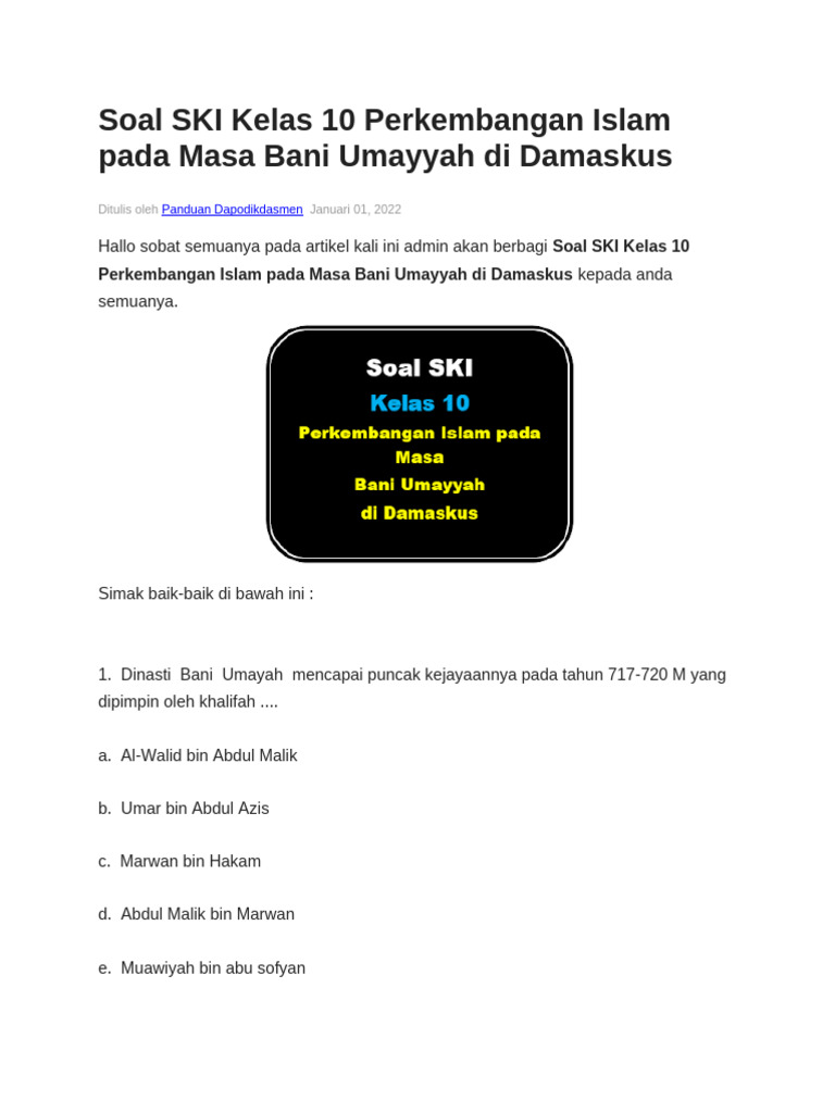 Soal TAR Kelas 10 Perkembangan Islam Pada Masa Bani Umayyah Di Damaskus | PDF