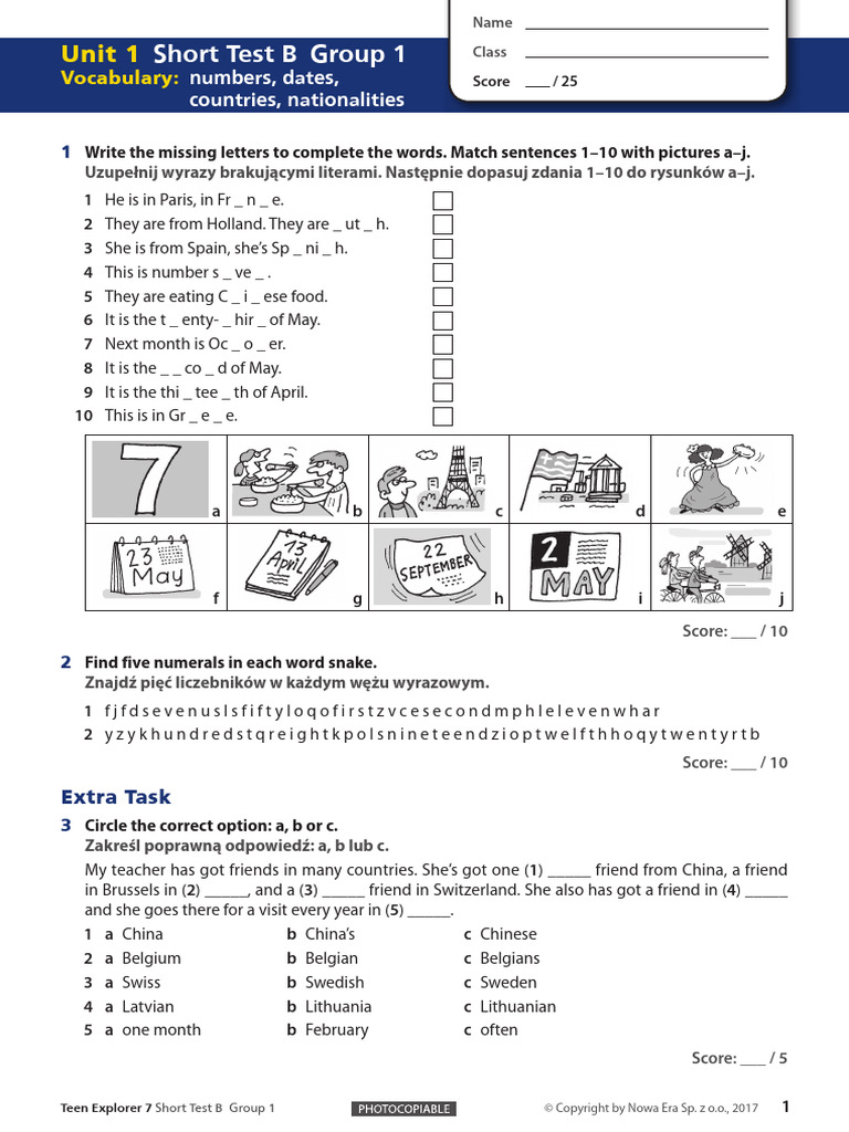 Teen Explorer 7, Kartkówki B, Grupa 1 | PDF