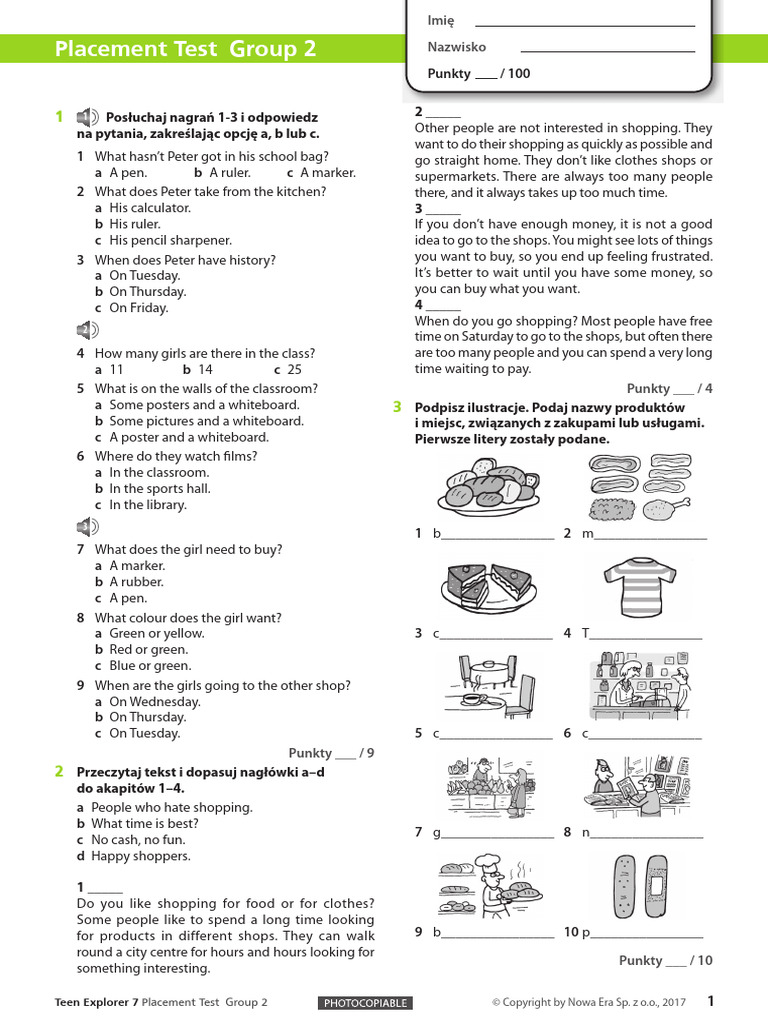 Teen Explorer 7, Placement Test, Grupa 2 | PDF