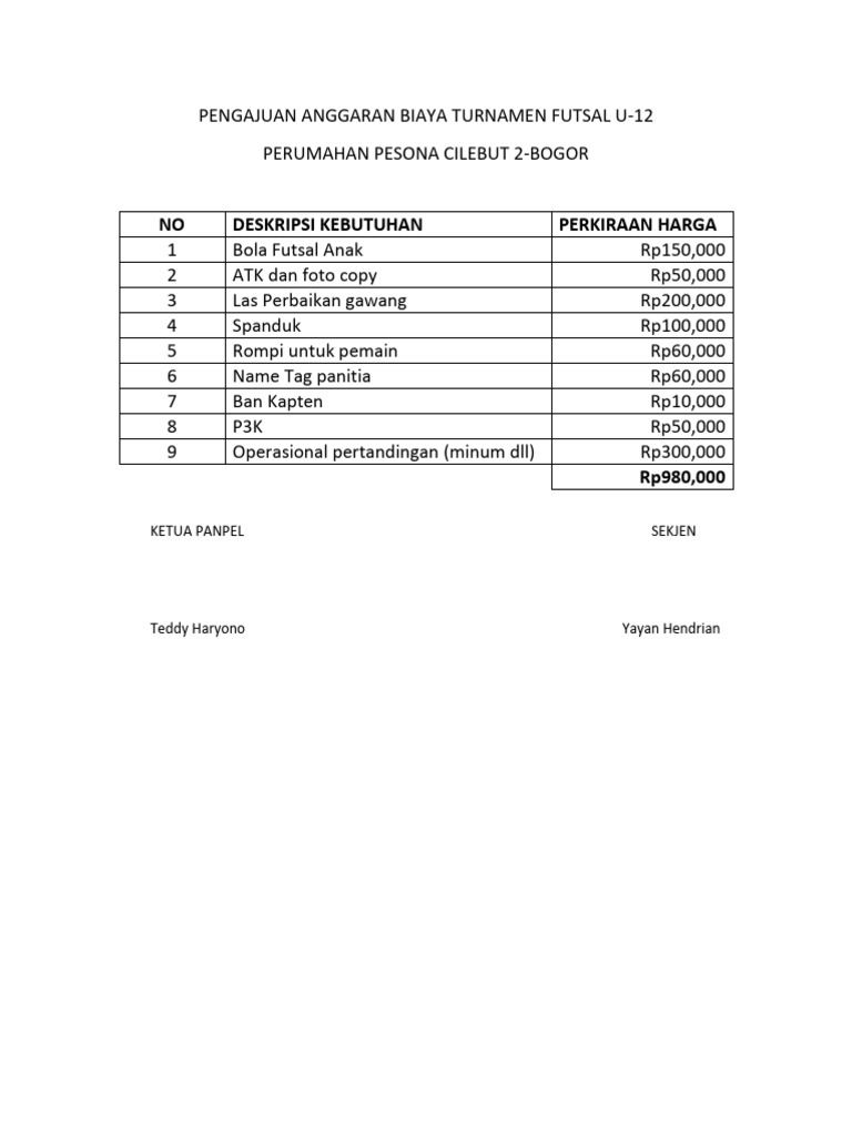 Pengajuan Anggaran Biaya Turnamen Futsal U 12 | PDF