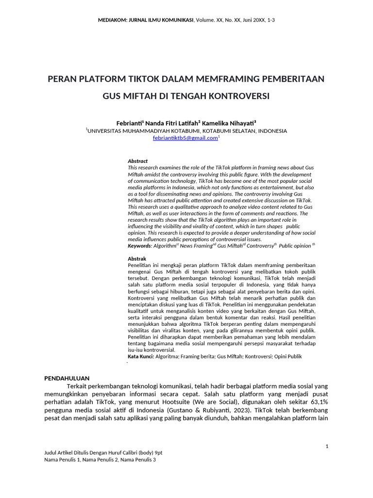 Peran Platform Tiktok Dalam Memframing Pemberitaan Gus Miftah Di Tengah Kontroversi Fikss | PDF