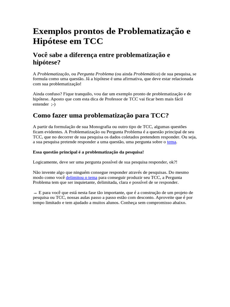 Exemplos de Problematização e Hipótese TCC | PDF | Esboço | Autismo