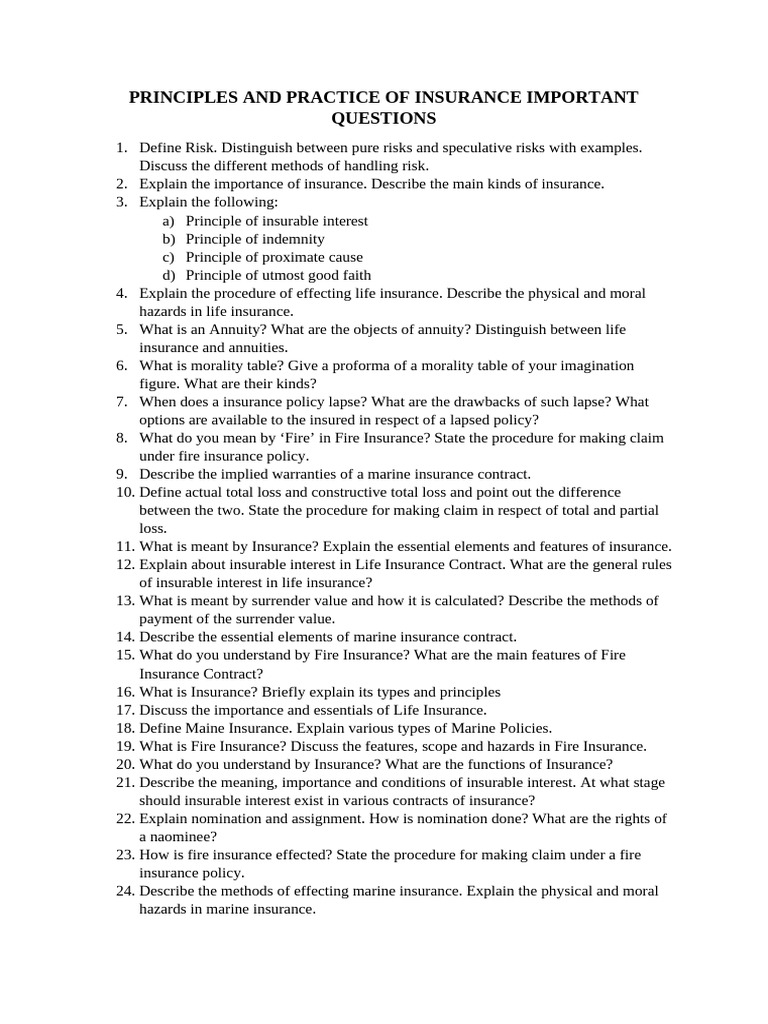 Principles and Practice of Insurance Important Questions | PDF ...