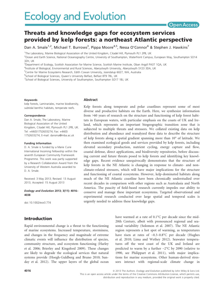 Ecology and Evolution - 2013 - Smale - Threats and Knowledge Gaps For Ecosystem Services ...