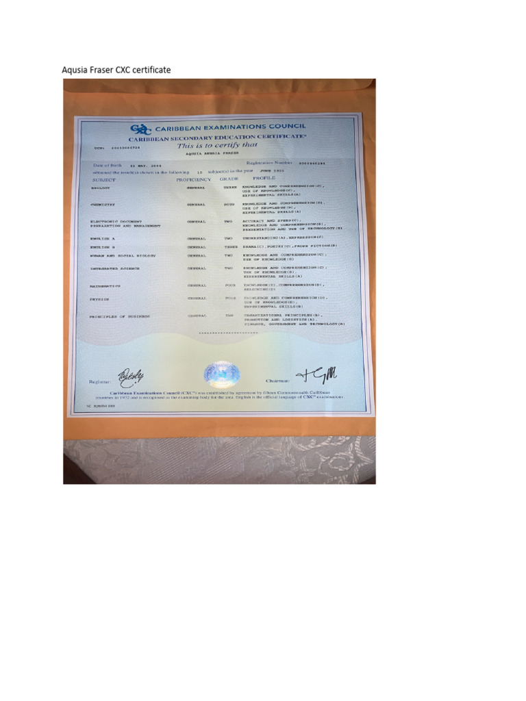 Aqusia Fraser CXC Certificate | PDF