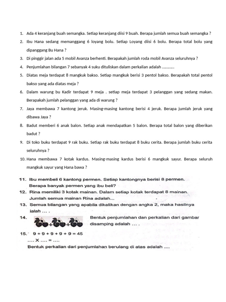 Soal Cerita Perkalian Kelas 2 SD | PDF