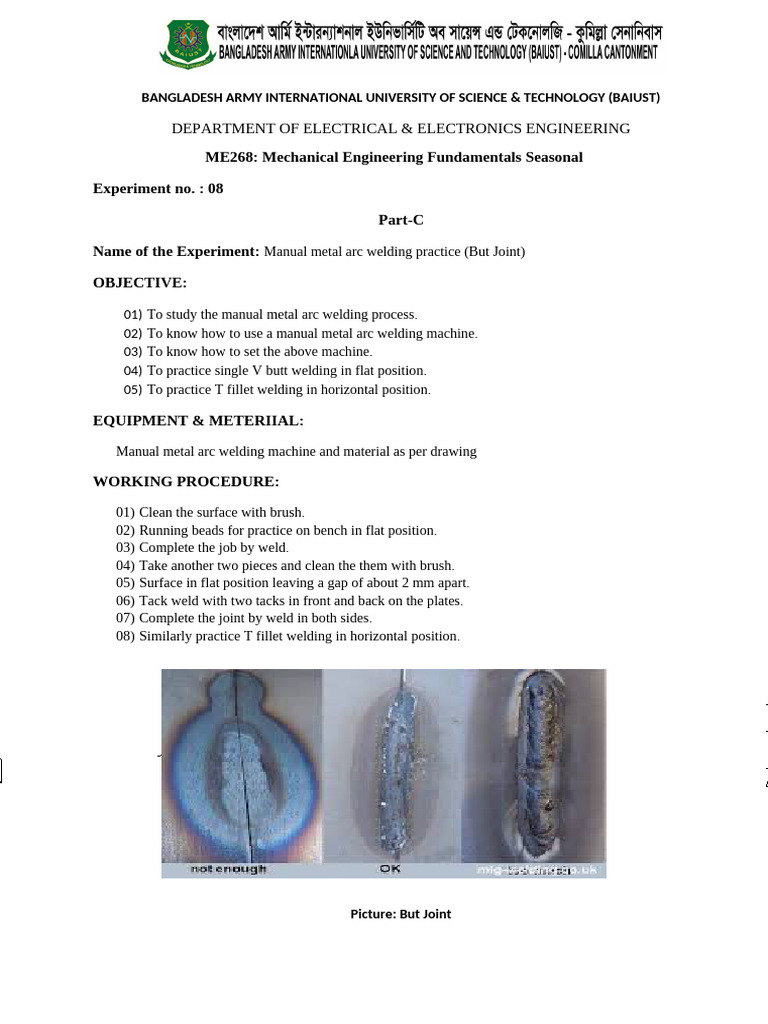 EXPT 08 (C) Manual Metal Arc Welding Practice | PDF