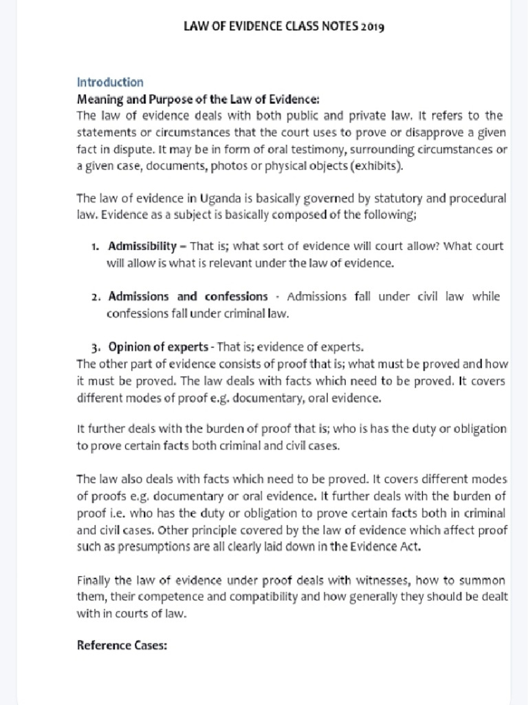 LAW OF EVIDENCE NOTES Year 2 Law Students | PDF