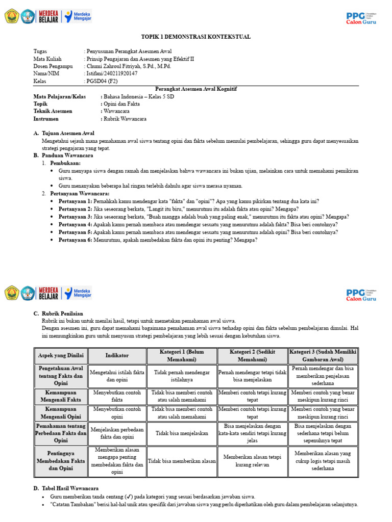 Ppa Ii - Topik 1 Demonstrasi Kontekstual - Perangkat Asesmen Awal Kognitif | PDF