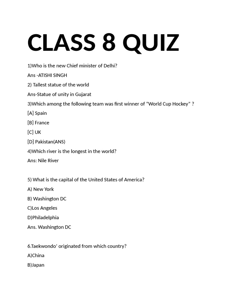 Class 8 Quiz Questions & Answers | PDF